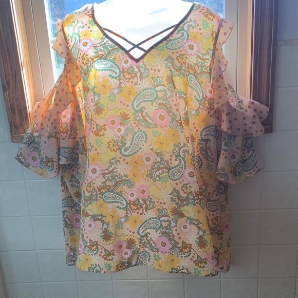 Cato | Tops | Cato Yellow And Pink Paisley Cold Shoulder Blouse New ...